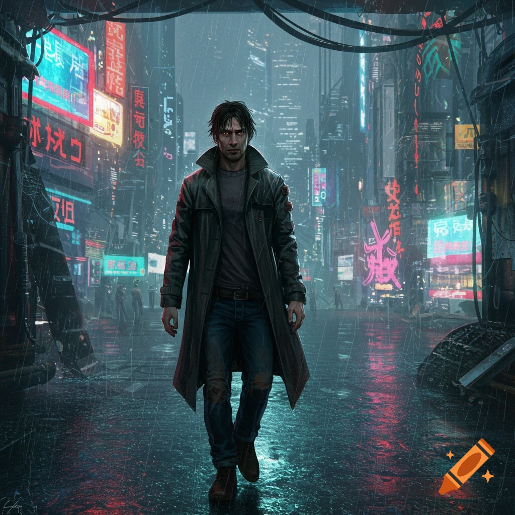 An anime-style man in a white lab coat walks through a rainy neon-lit ...