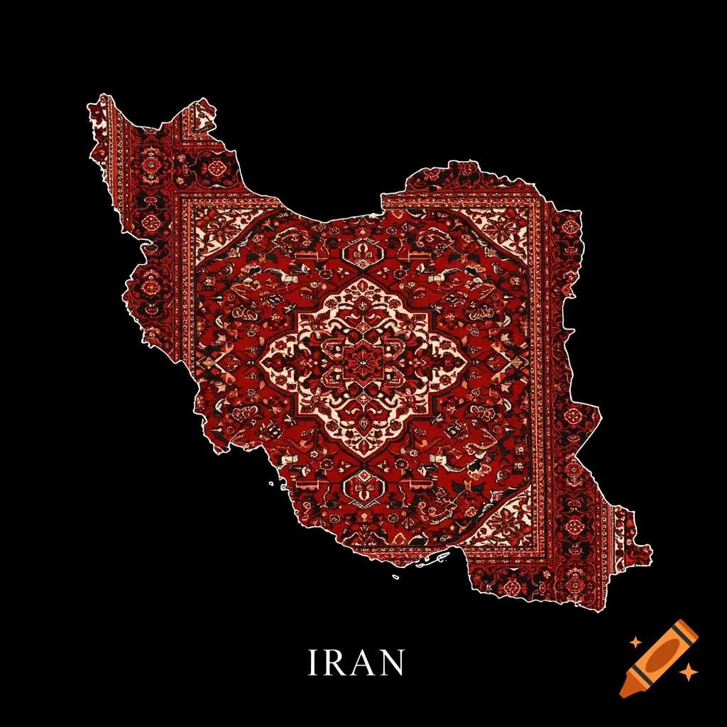 Map outline of Iran filled with a detailed red Persian rug pattern on a ...