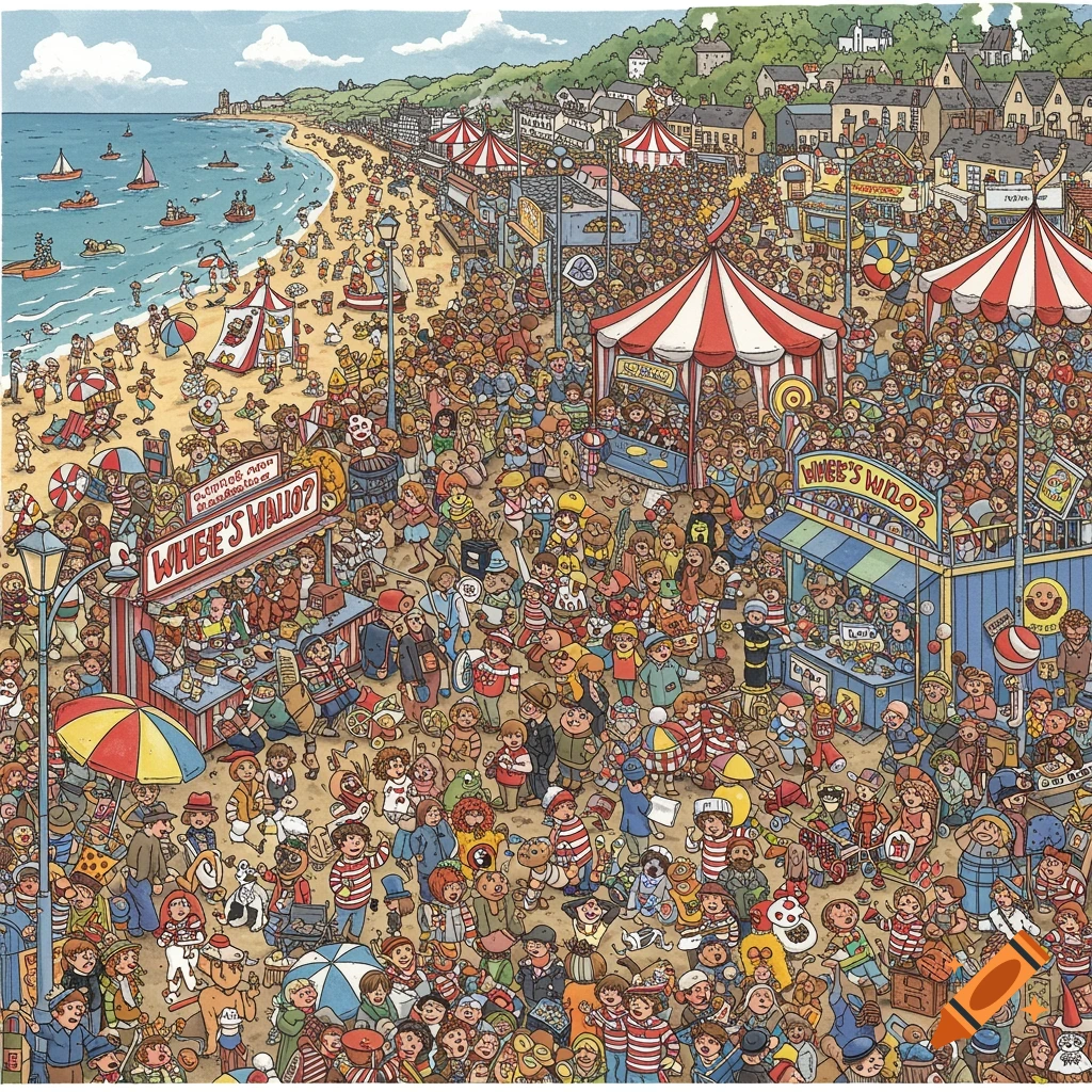 Detailed illustration of a crowded beach carnival scene with many ...