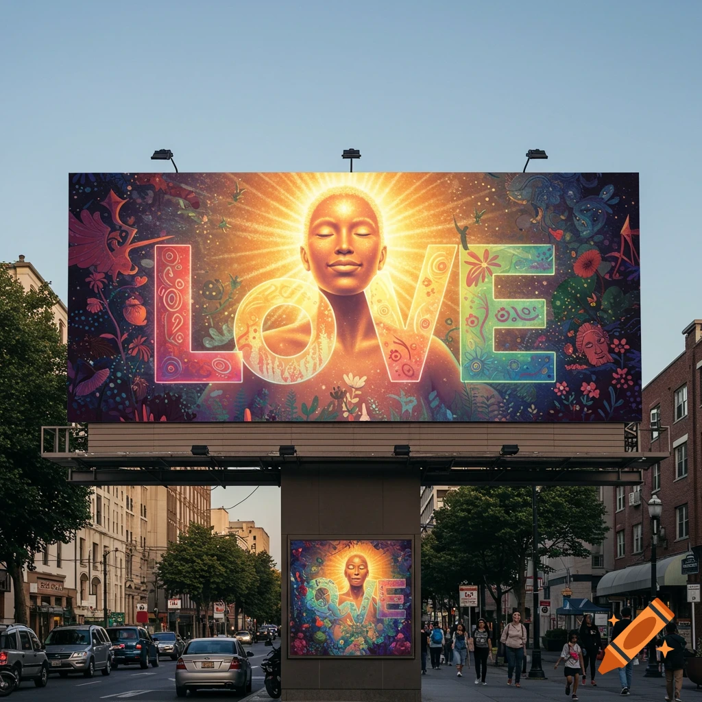 Billboard on a city street showing a spiritual figure radiating light ...