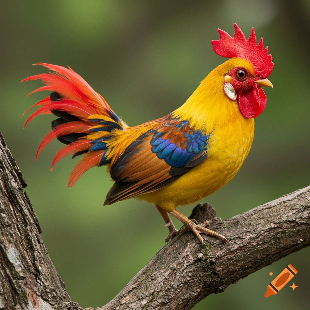 A brightly colored yellow bird with red comb and wattle and colorful ...