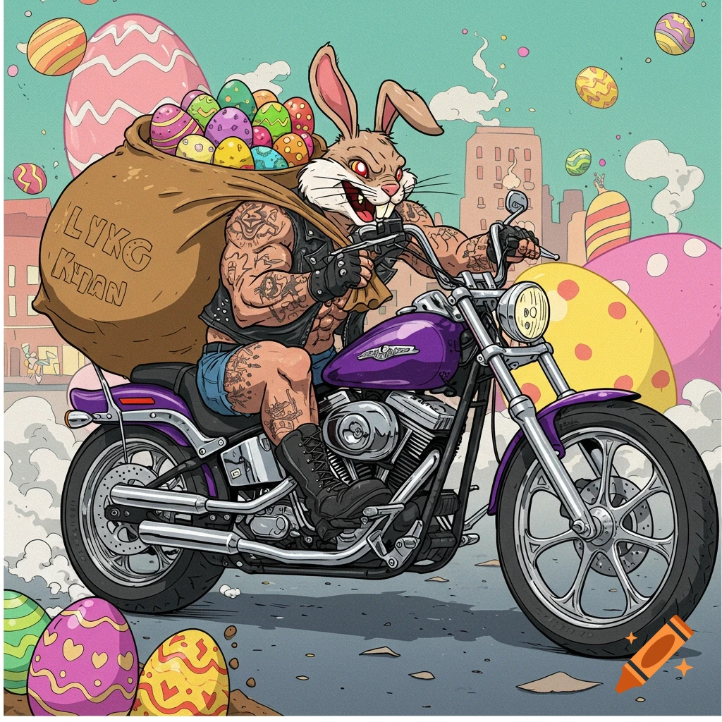 A muscular Easter bunny riding a purple motorcycle with a sack of eggs ...