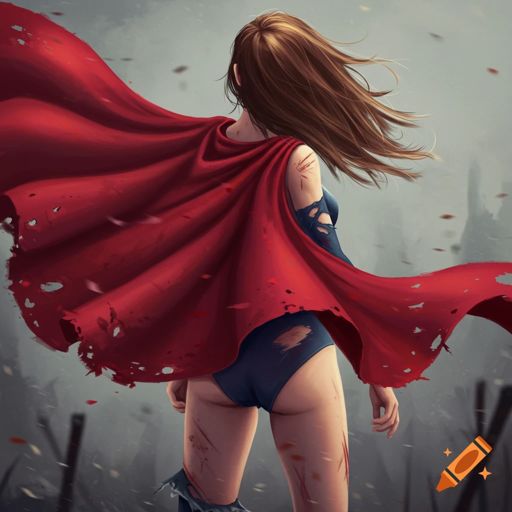 Strong heroine in torn blue leotard and red cape on Craiyon