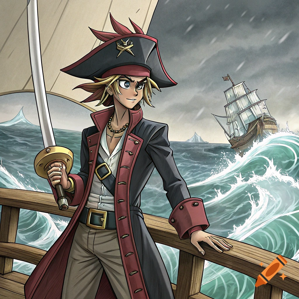 Anime-style pirate standing on a ship's deck with a sword. on Craiyon