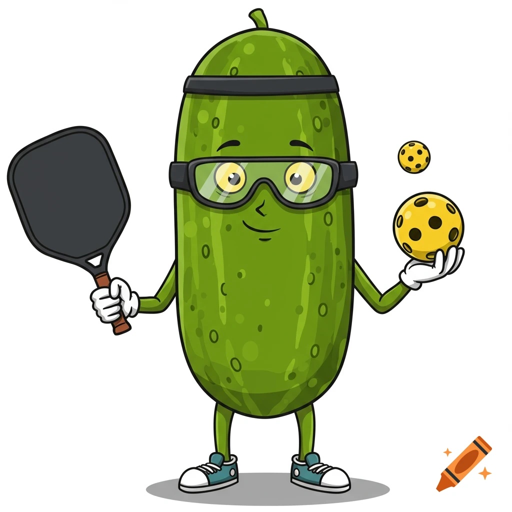 A cartoon pickle character wearing a headband and goggles, holding a ...