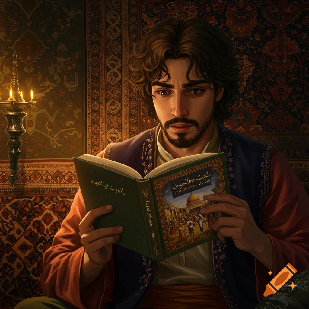 A man reading a book in a historical setting. on Craiyon