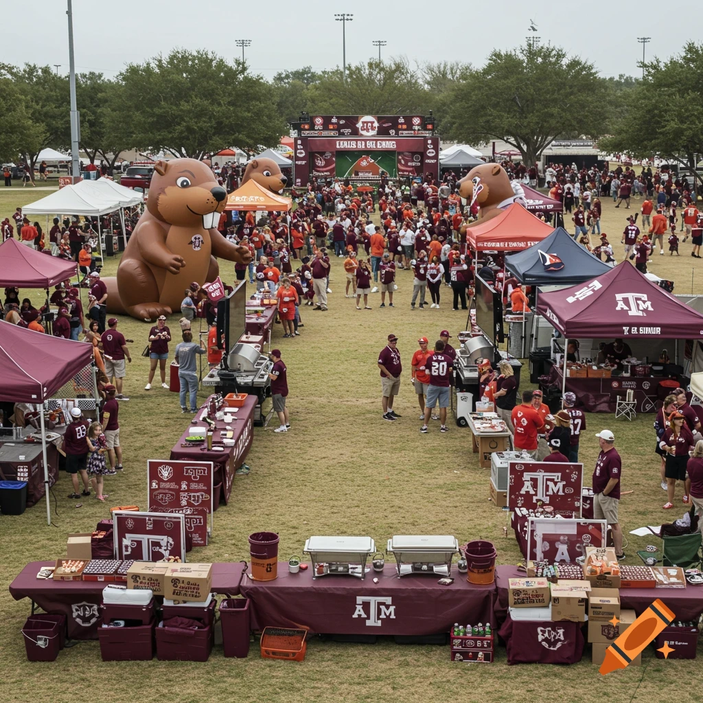 Large Buc-ee's and Texas A&M football tailgate setup on Craiyon