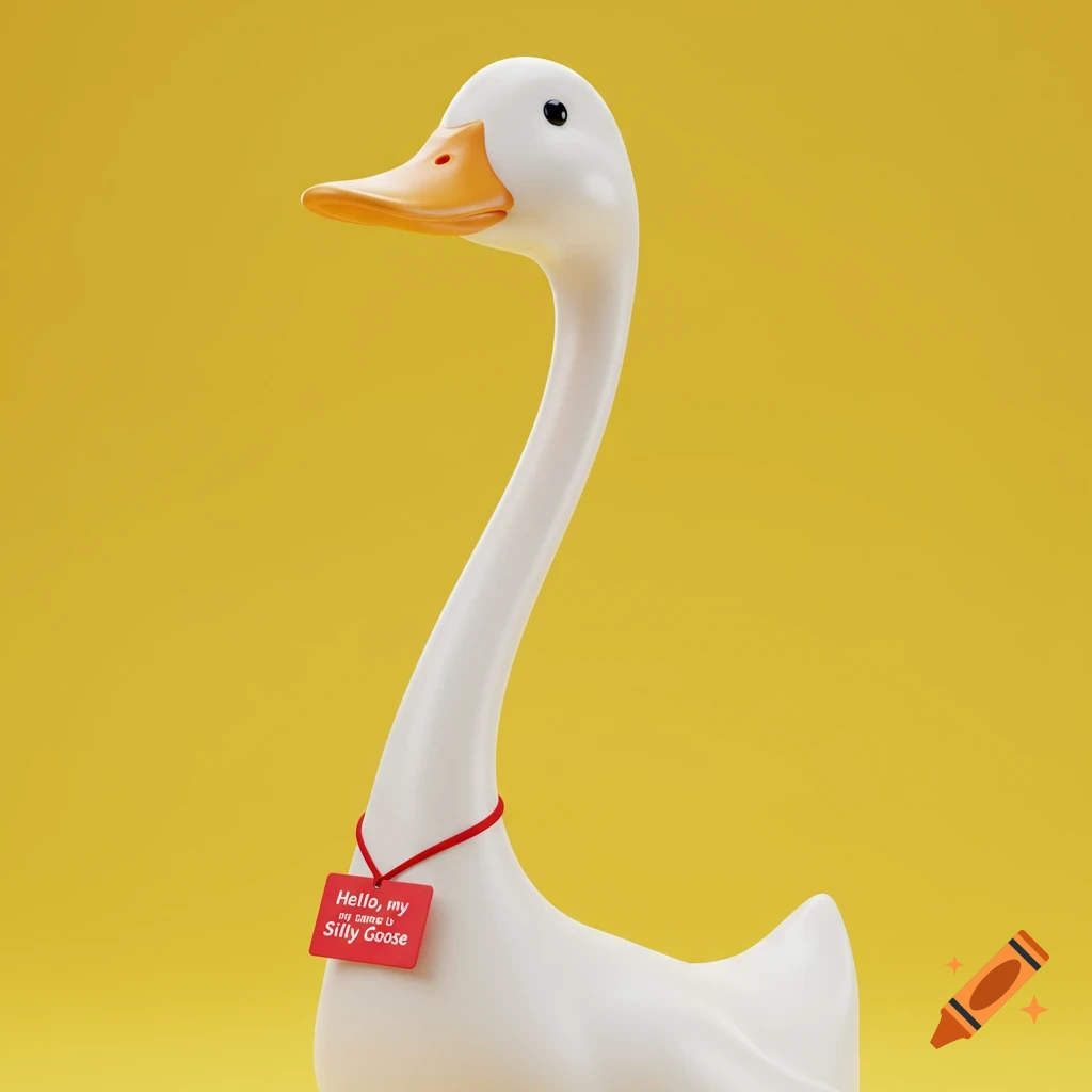 White CGI duck with long neck and 'SILLY GOOSE' name tag on yellow ...