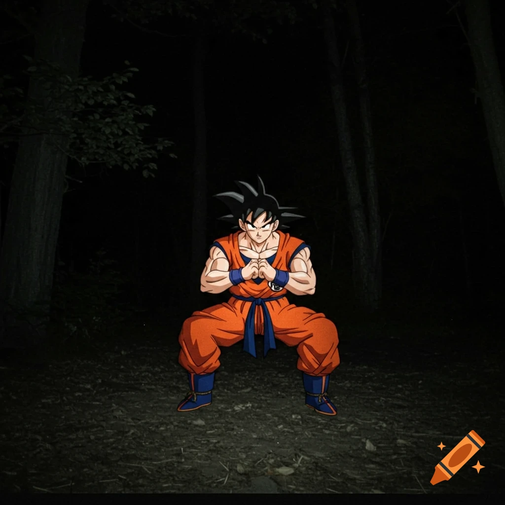 Goku from Dragon Ball Z doing a squat in a dark forest at night on Craiyon