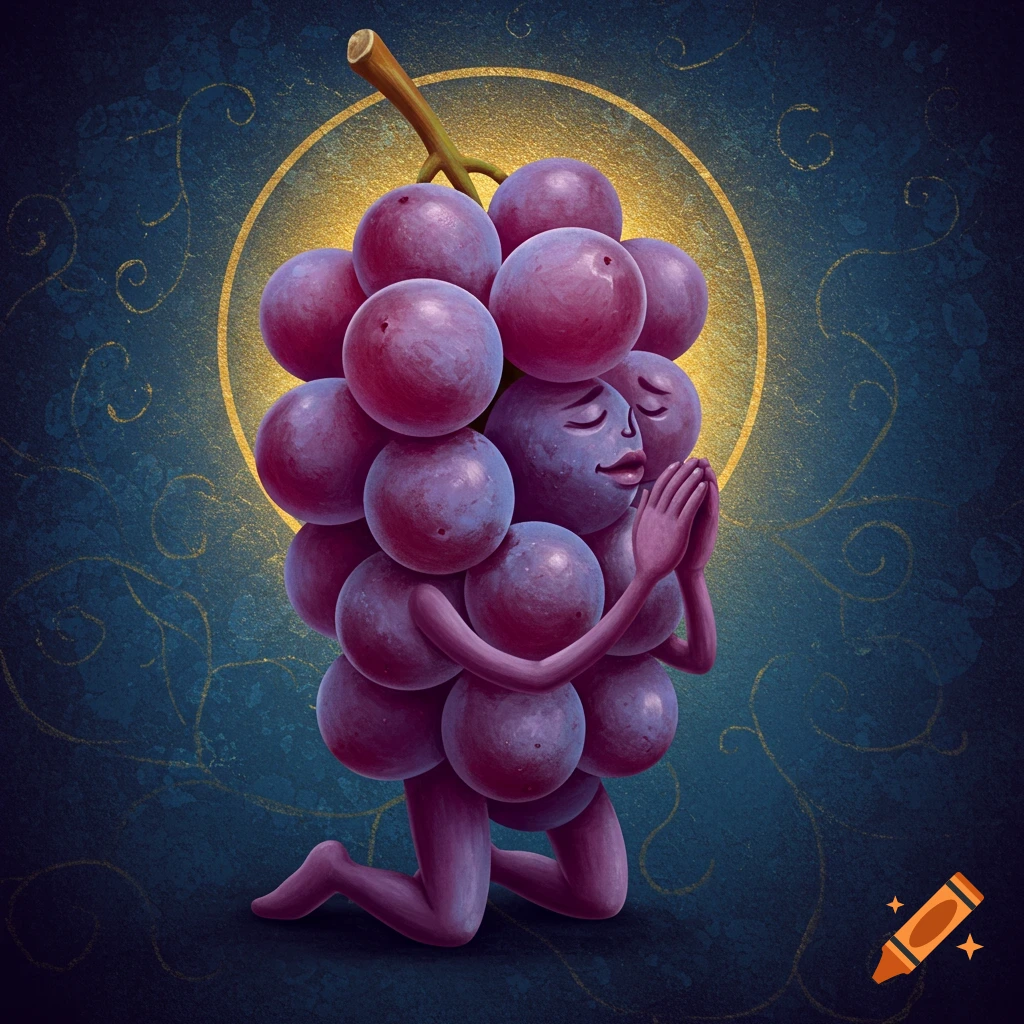 A personified grape is shown kneeling in prayer, with a golden halo ...