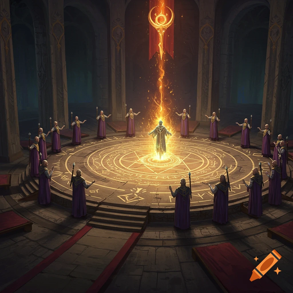 Arcane ritual chamber with guardians chanting on Craiyon