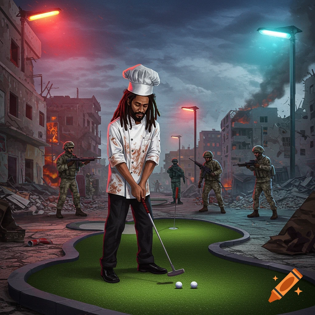 Chef with dreadlocks playing putt putt in warzone on Craiyon