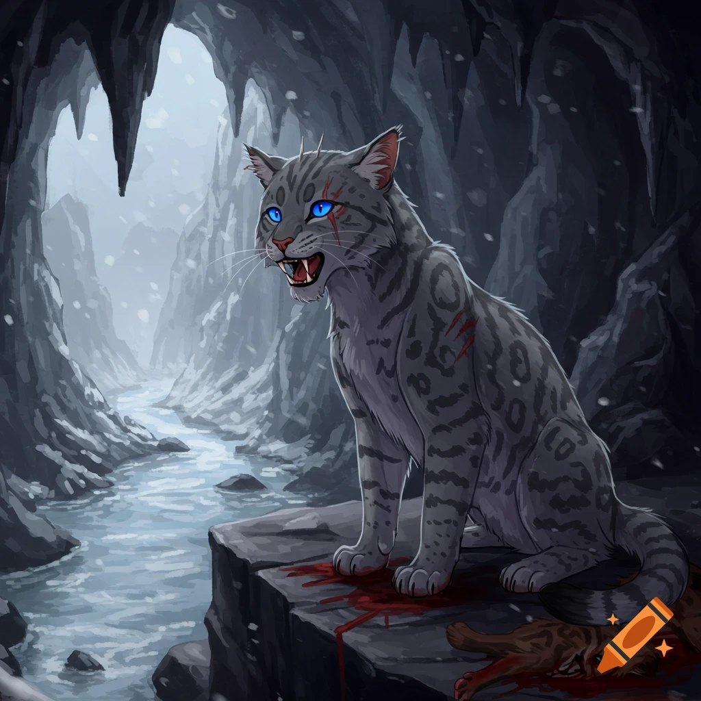 Gray bengal cat snarling in a snowy cave with a dead cat on Craiyon