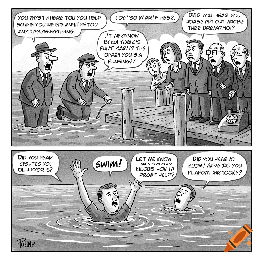 Editorial cartoon of man drowning with indifferent bystanders on Craiyon