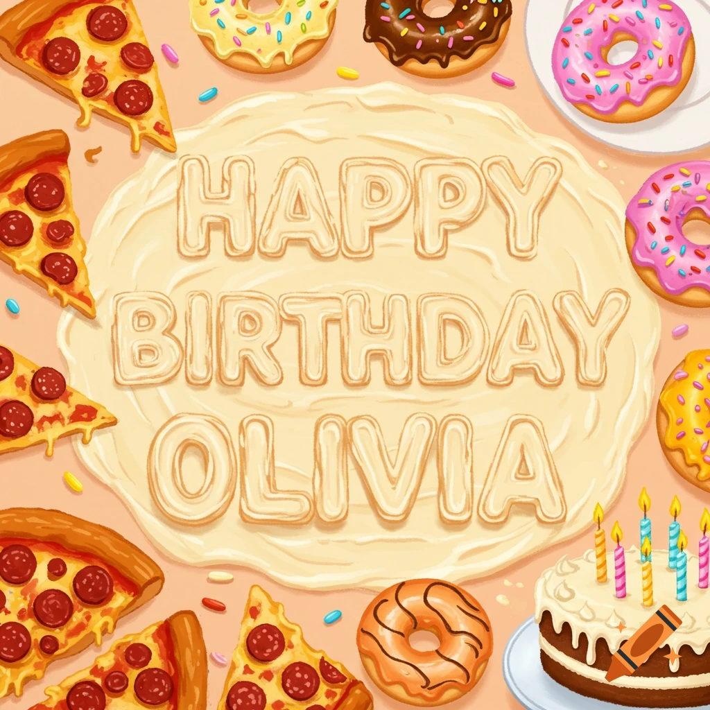 Happy Birthday Olivia cake with pizza and donuts on Craiyon