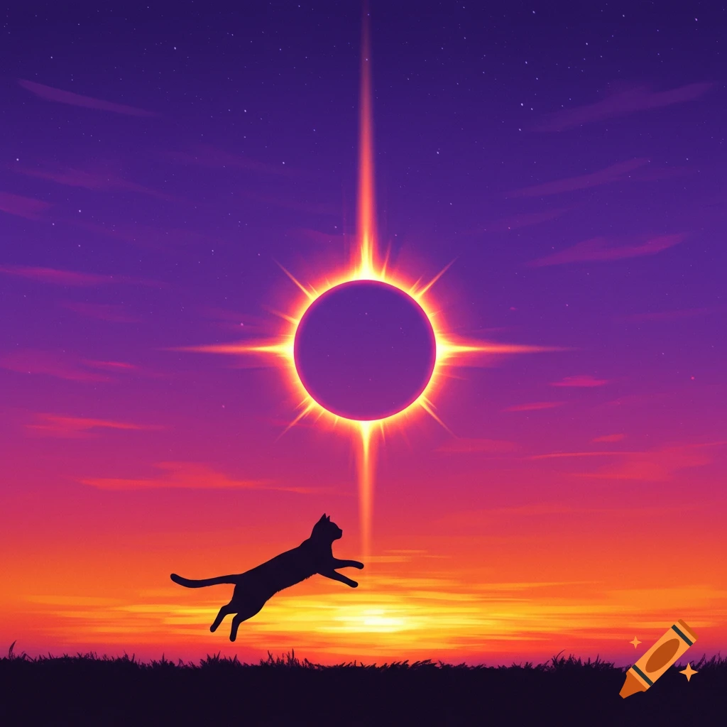 Purple sunset with eclipse and cat silhouette on Craiyon