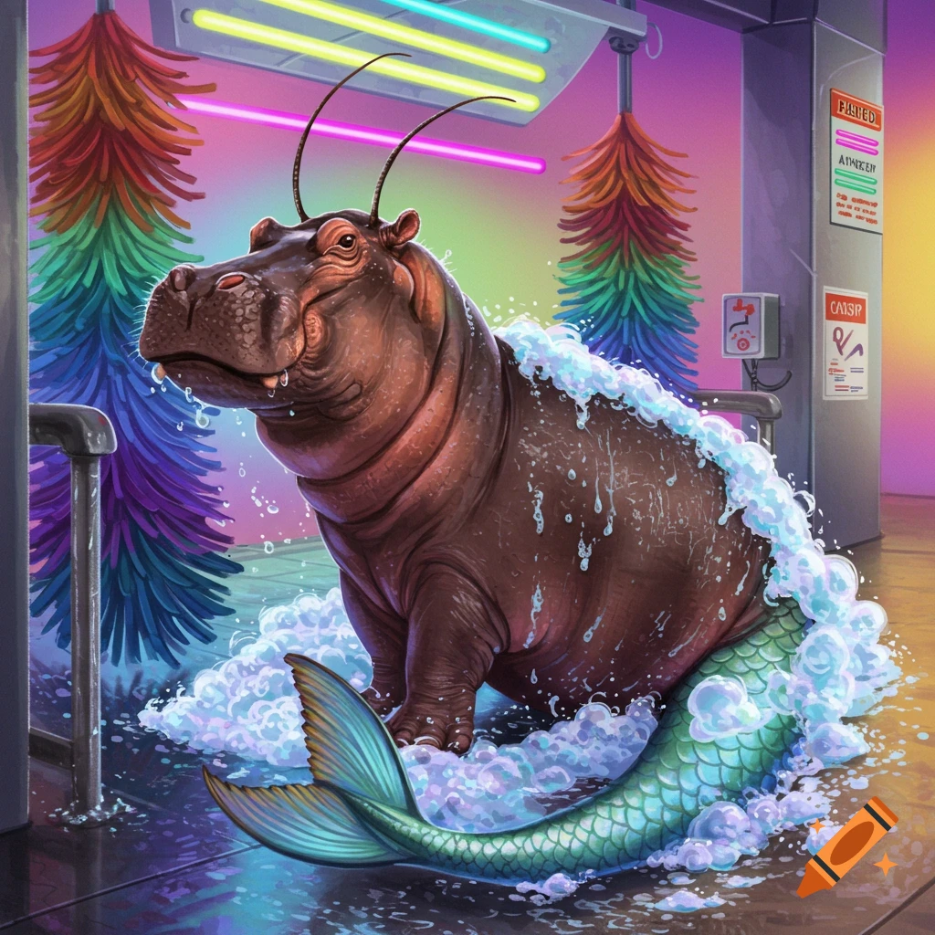 Hippopotamus with fish tail and cockroach antennas in a car wash on Craiyon