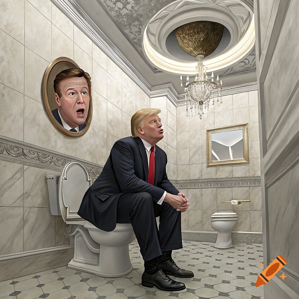 Donald Trump on a toilet with Elon Musk's head in a mirror. on Craiyon