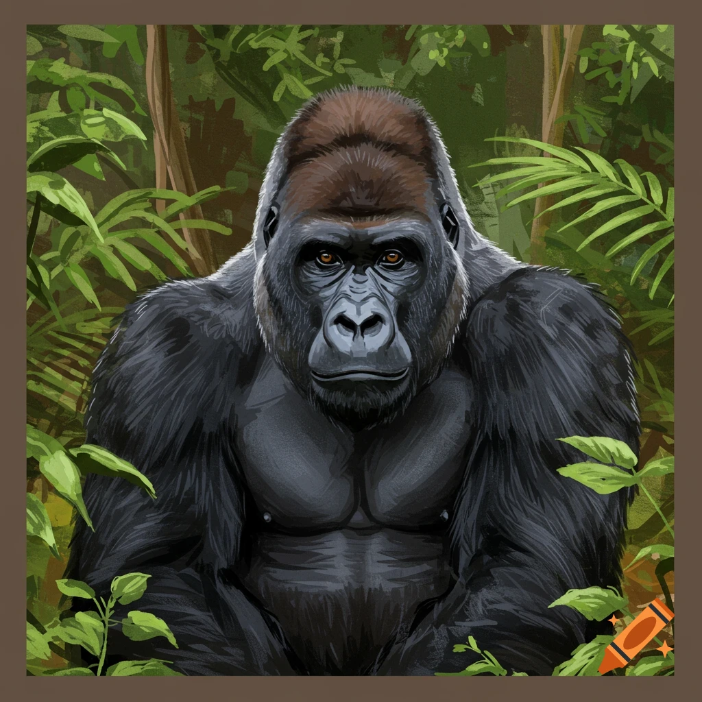A wise-looking gorilla wearing a hat and glasses stands in a vibrant jungle surrounded by ...