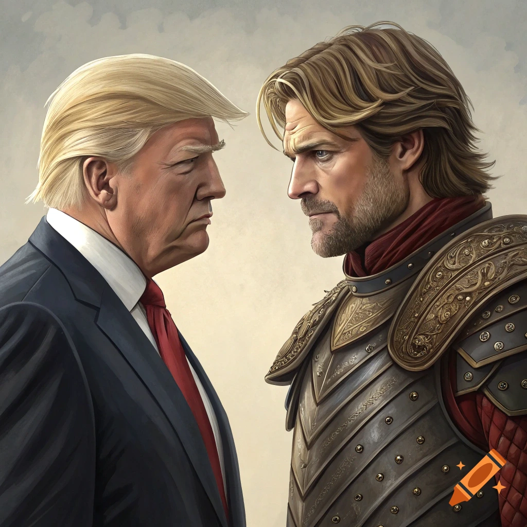 Portrait of Donald Trump in a suit and a man resembling Jaime Lannister ...