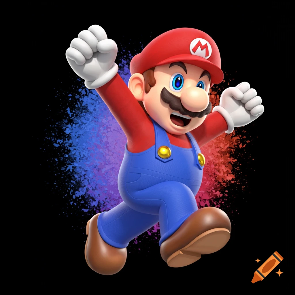 Mario jumps with fists raised against a black background with red and ...