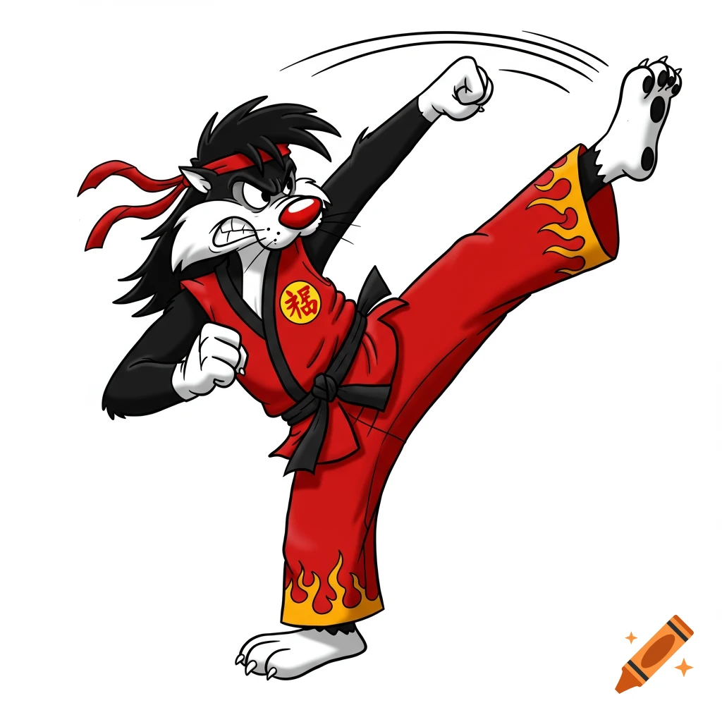 Cartoon Sylvester the Cat in a red karate gi and headband does a high ...