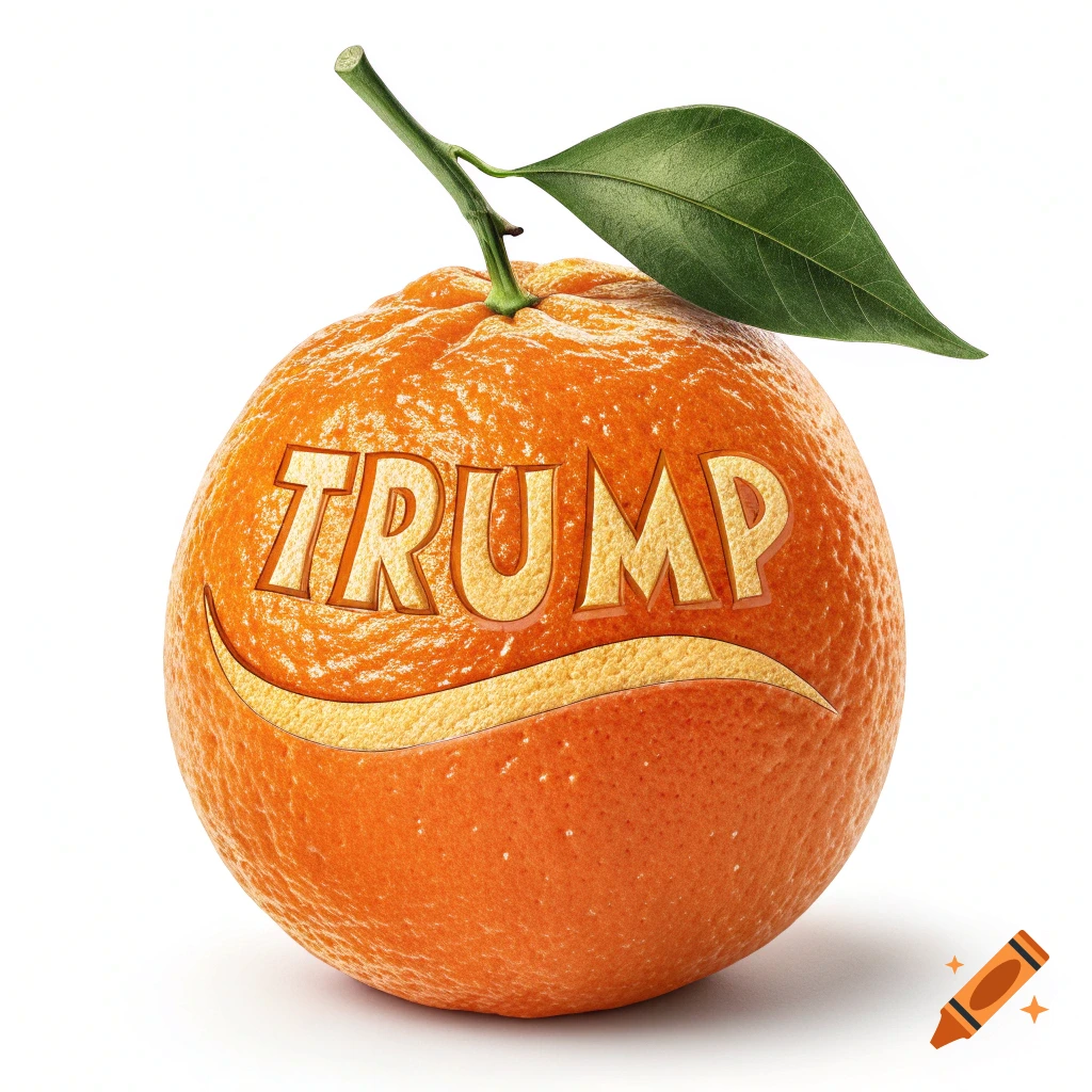 A photorealistic image of an orange with the name TRUMP embossed on it ...