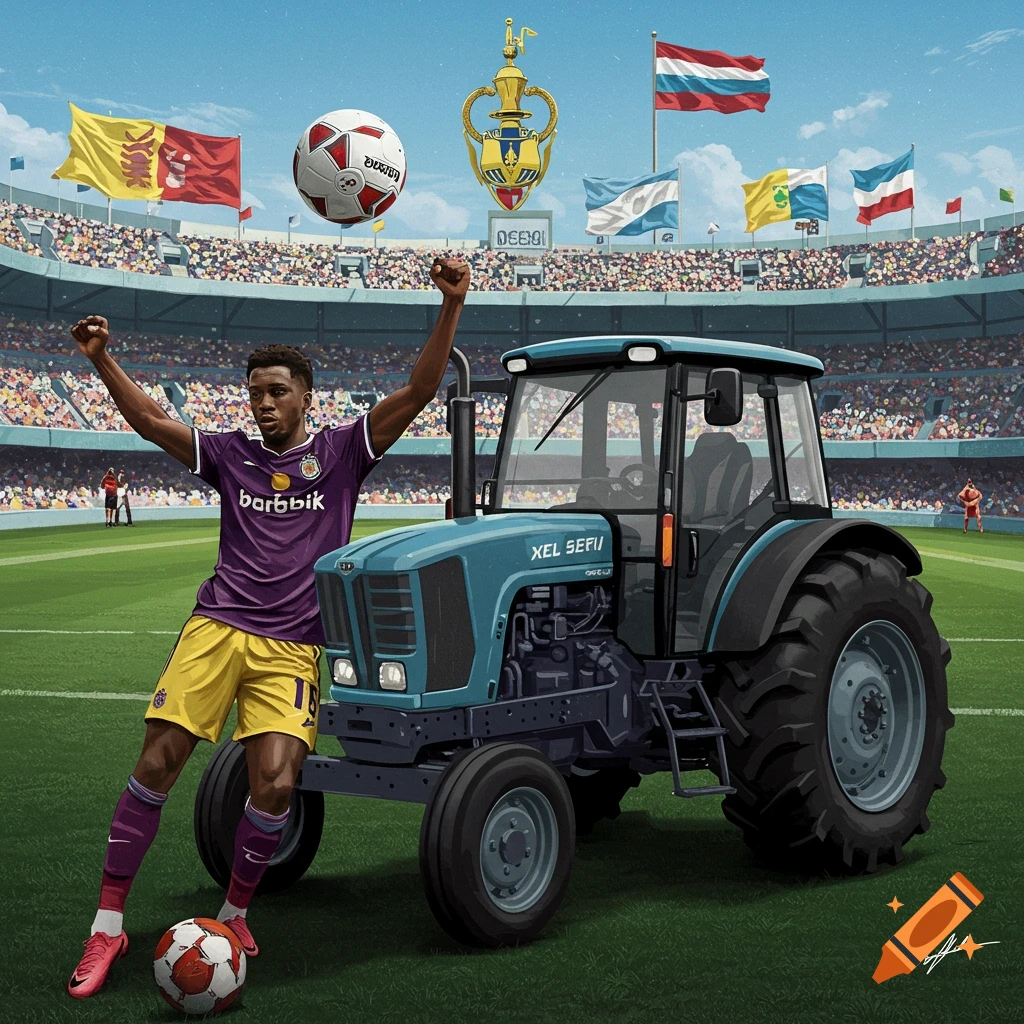 Illustration of a football player with arms raised next to a tractor on ...