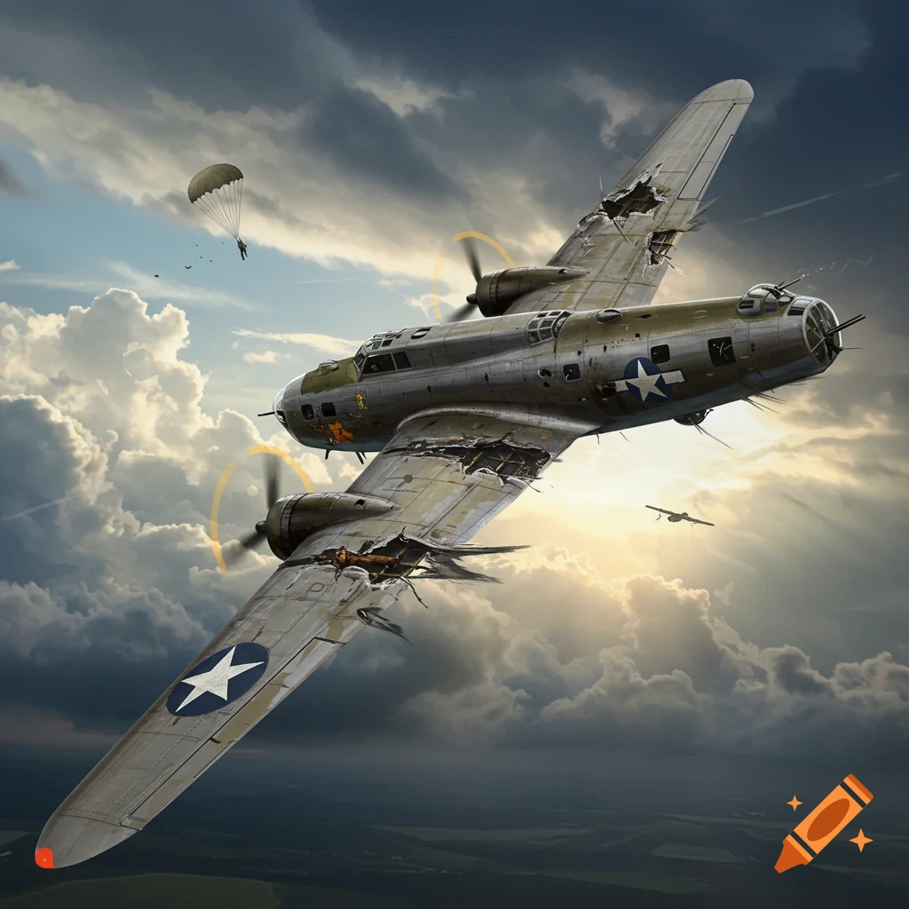 A B-17 bomber flies through heavy flak over a landscape dotted with ...