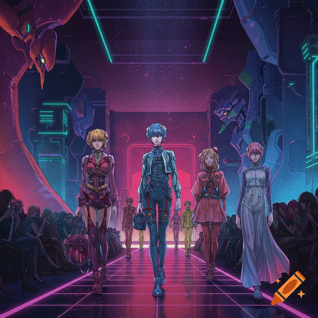 Fashion runway in a creative sci-fi style, neon genesis theme on Craiyon