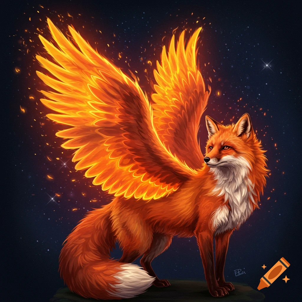 A majestic winged fox with glowing moon phases on its body stands in ...