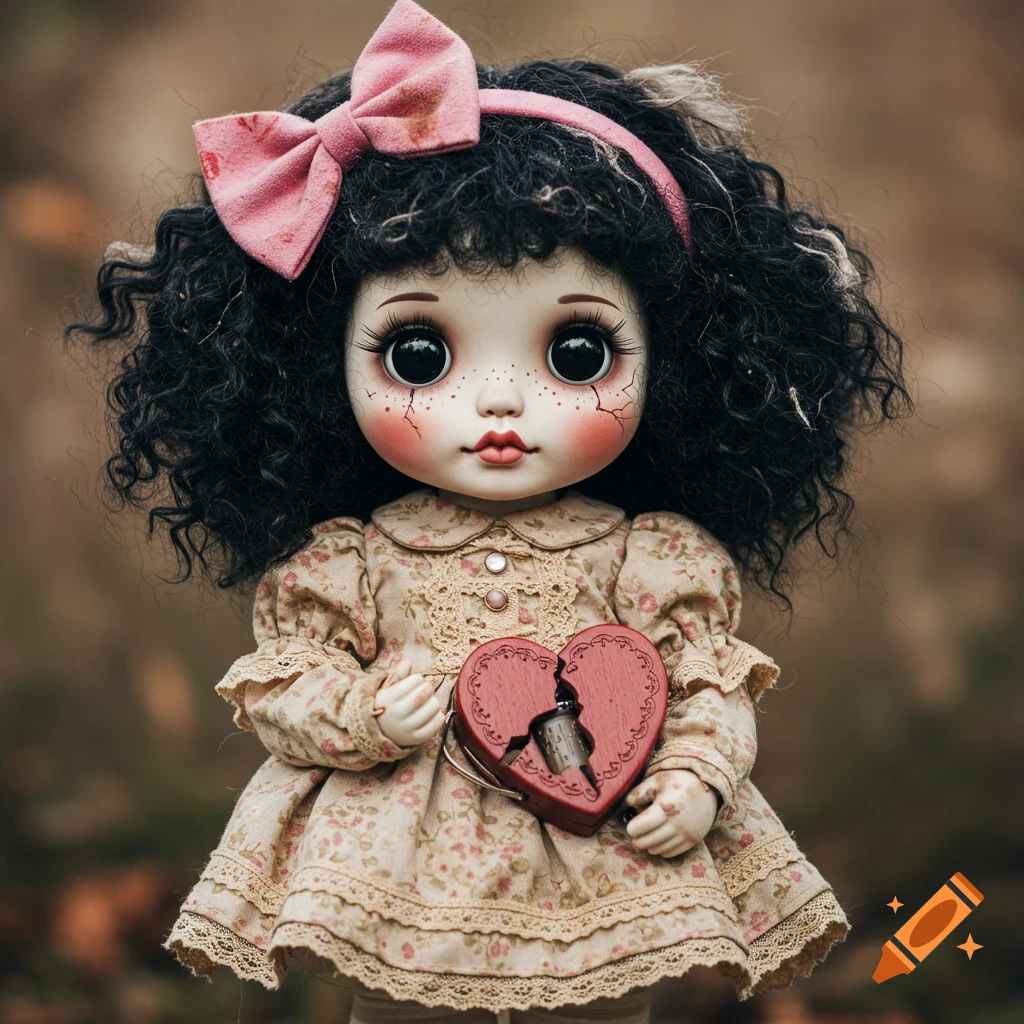 Creepy doll with cracked face, big eyes, curly black hair, pink bow ...