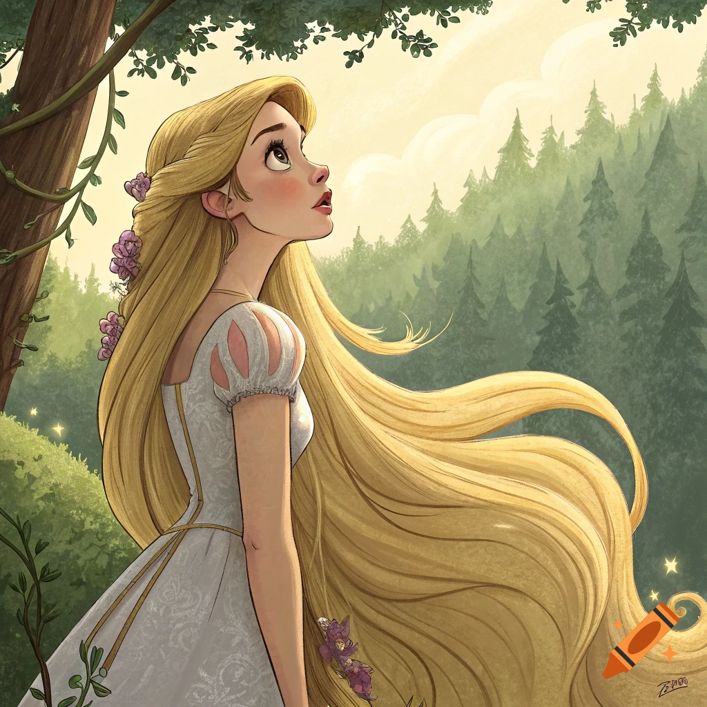 Animated illustration of a girl with very long blonde hair looking up ...