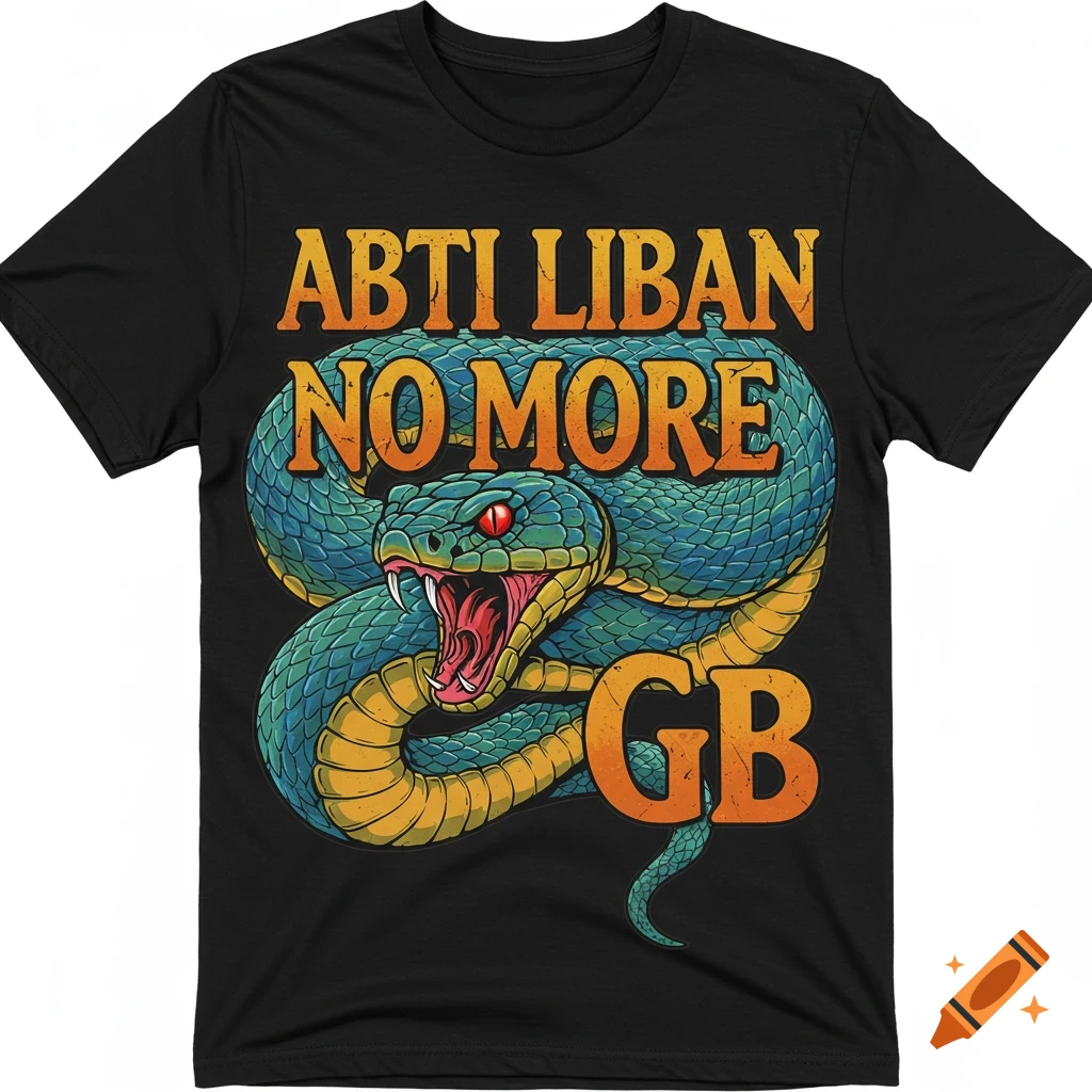 Screen-printed t-shirt with gothic snake logo 'ABTI LIBAN NO MORE GB ...