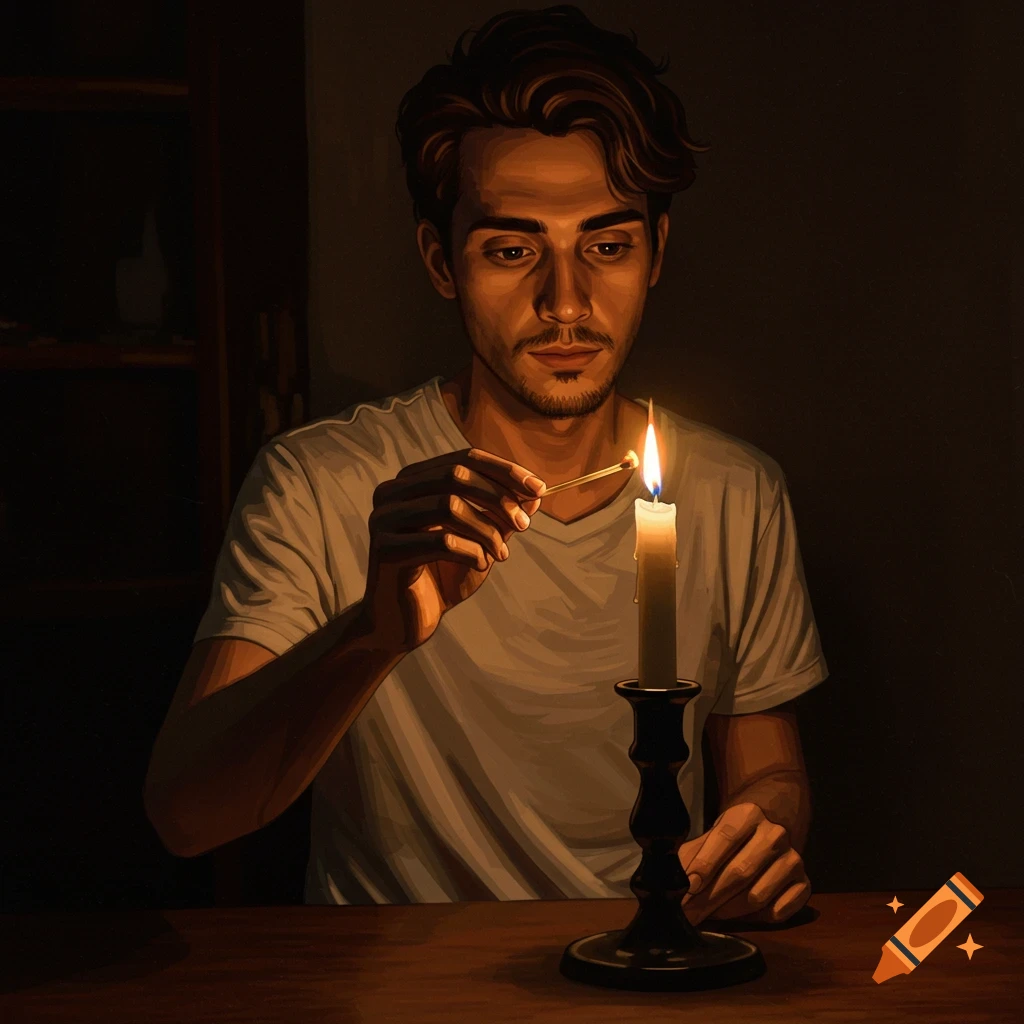 A man lighting a candle with a match in a dark room. on Craiyon