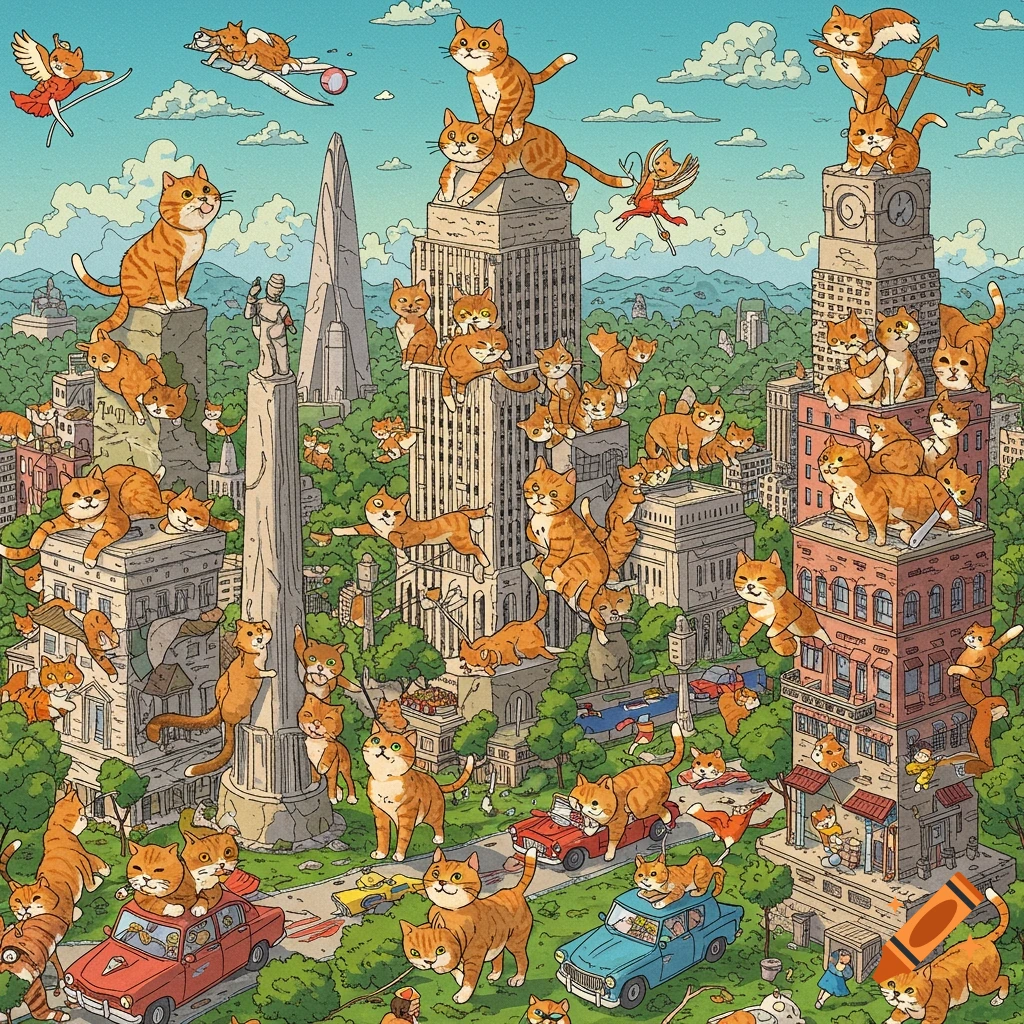 Detailed illustration of numerous orange cats taking over a busy city ...
