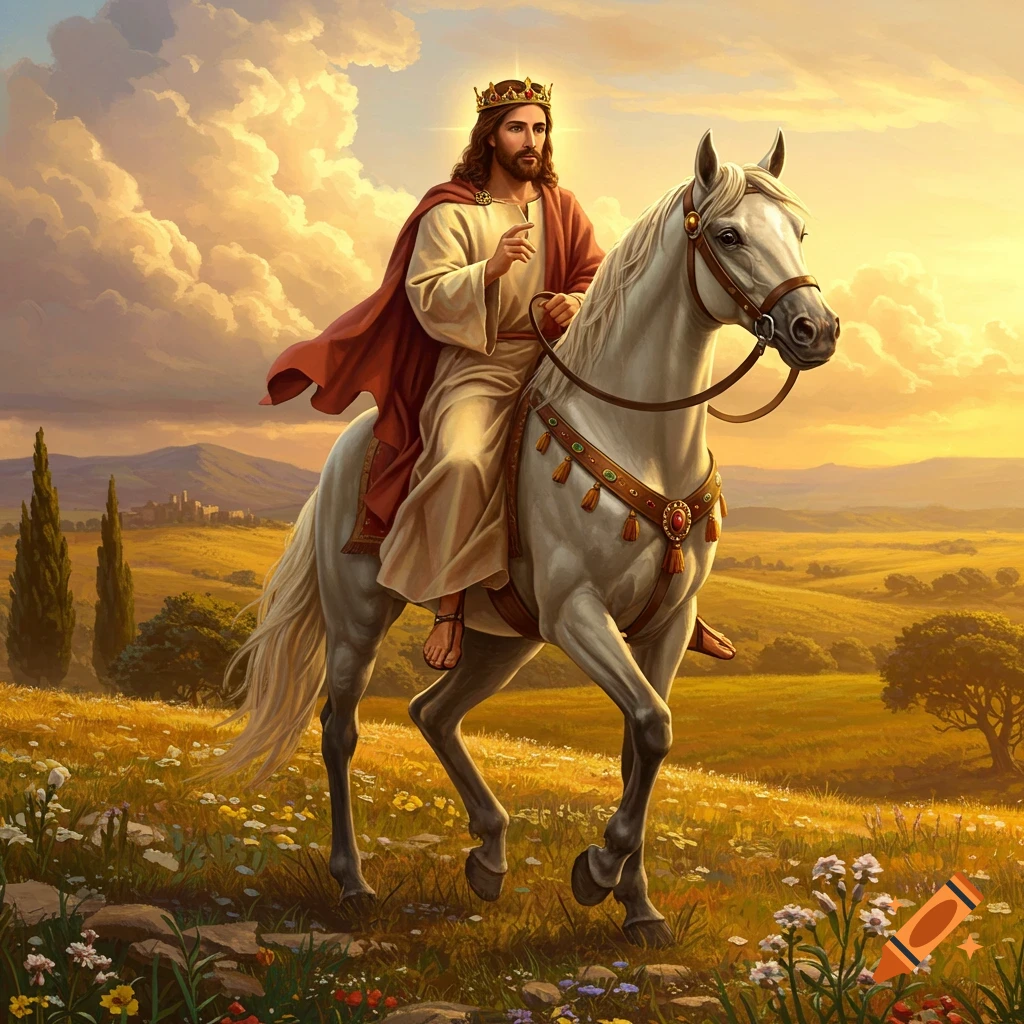 Majestic depiction of Jesus, wearing a crown and red robe, riding a ...