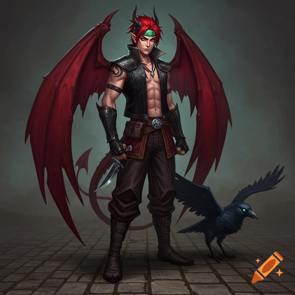 Character with black hair, red dragon-like wings, and a black crow ...