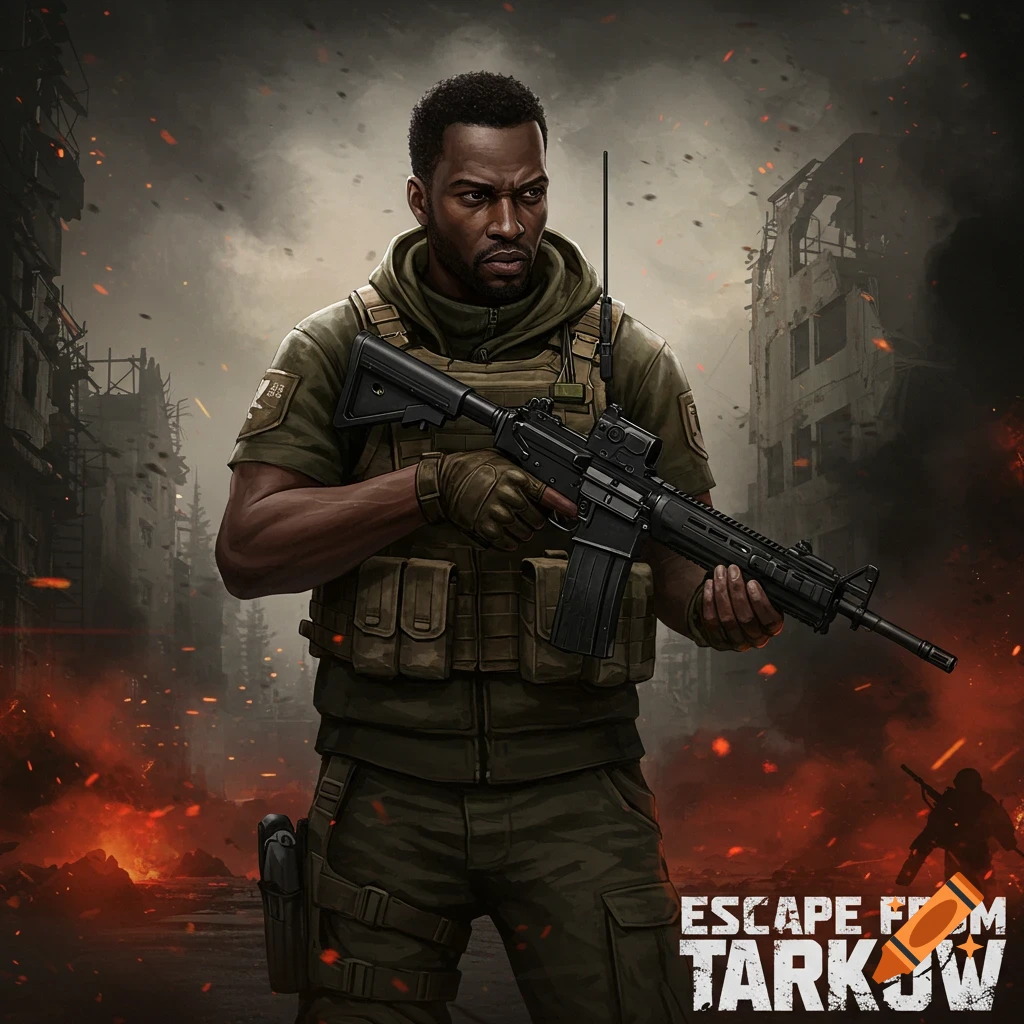 Two soldiers with rifles stand in a ruined city landscape with the ...