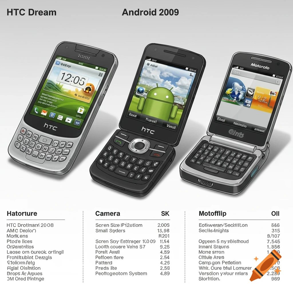 HTC Dream, Motorola Droid, and Motorola Backflip phones on Craiyon