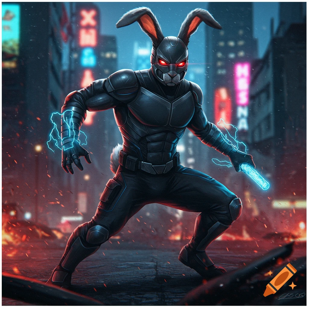 A rabbit superhero in a dark costume with red eyes and lightning powers ...