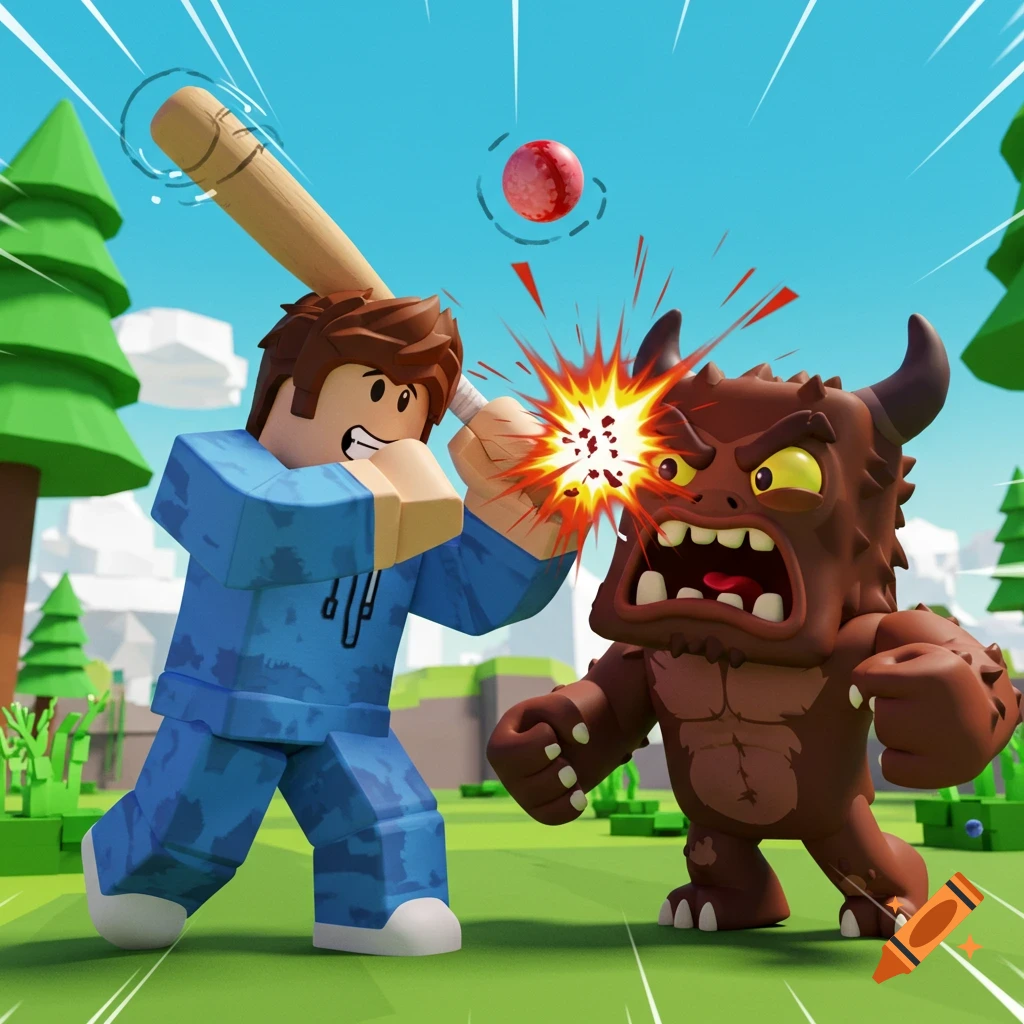 Cartoon Roblox avatar hitting a monster with a bat on Craiyon