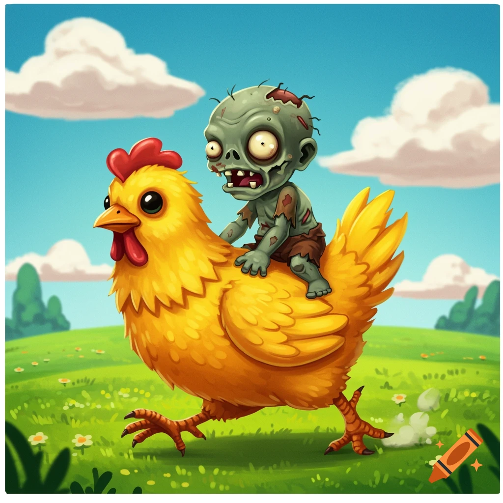A cartoon baby zombie rides a white chicken through a grassy field. on ...