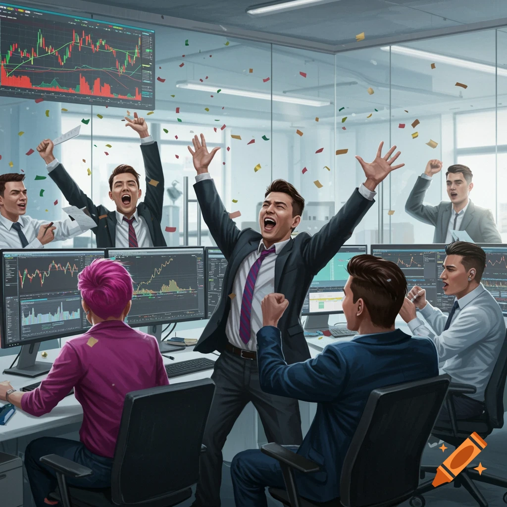 Day traders celebrate wildly in a modern office with stock charts and ...