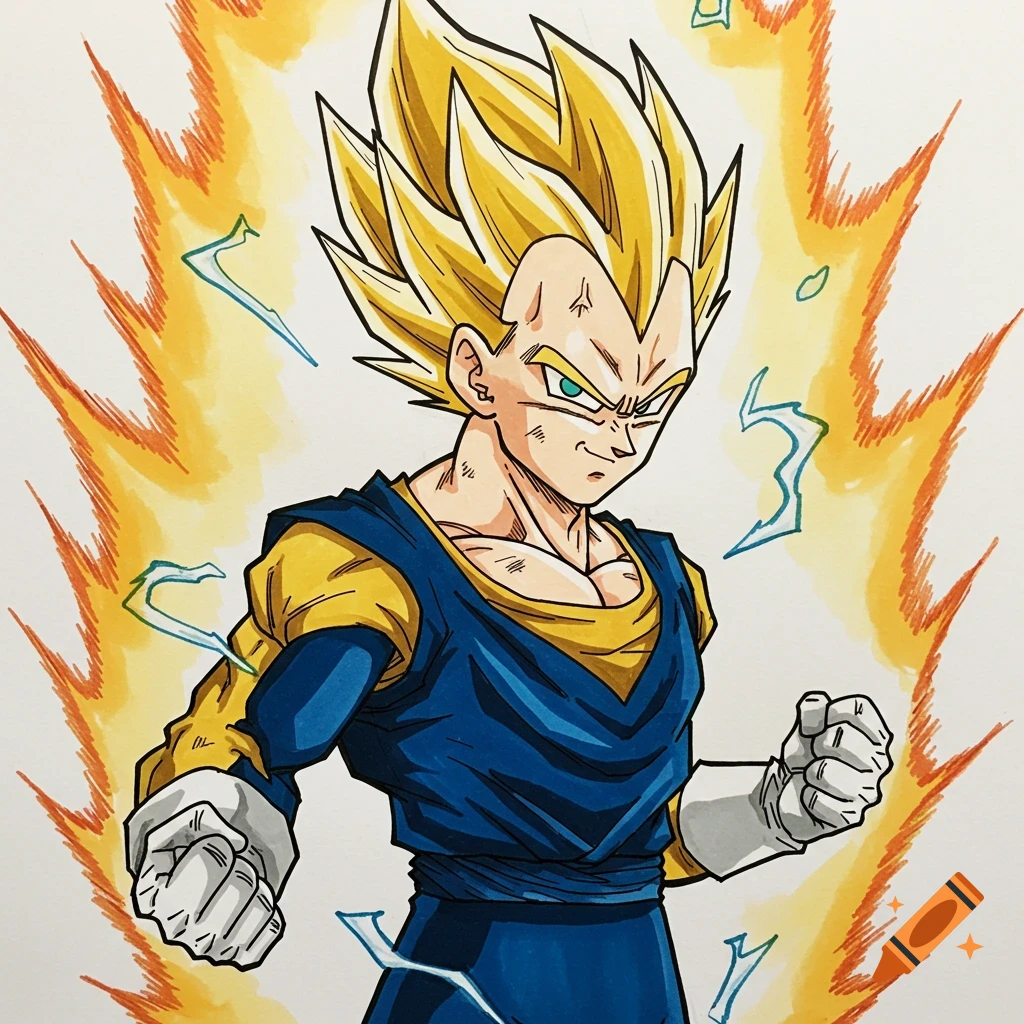 Drawing of the anime character Vegeta in Super Saiyan form powering up ...