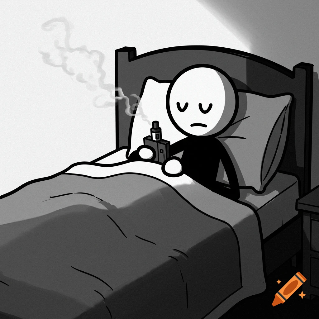 Black and white stick figure in bed holding a vape on Craiyon