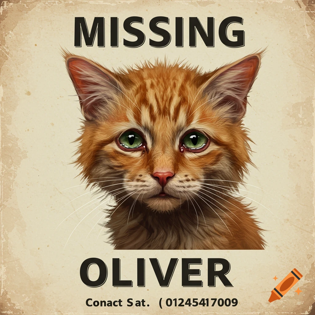 A sickly orange tabby cat on a missing poster with the text 'MISSING CAT' and 'BONES 2'. on Craiyon