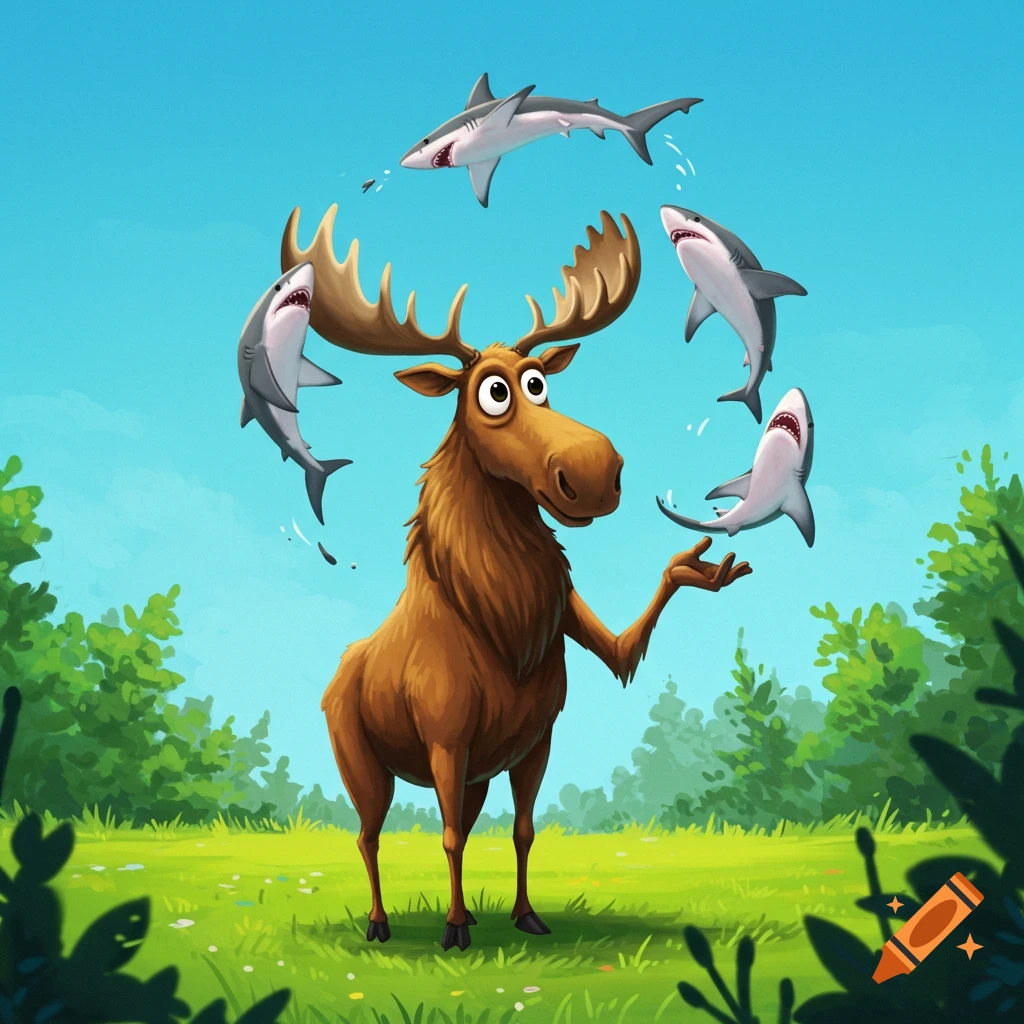 Cartoon moose with flower garlands stands in a sunny field illustration ...