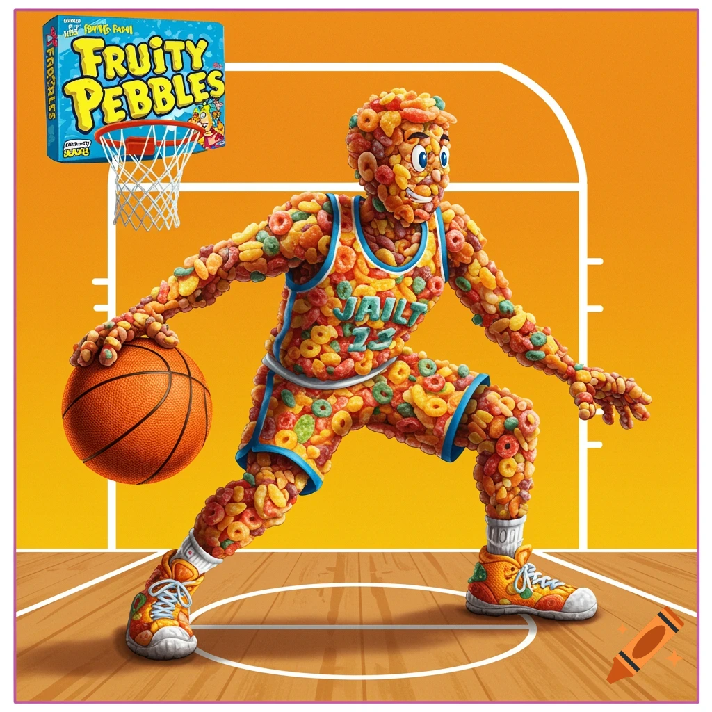 A cartoonish basketball player made of colorful Fruity Pebbles cereal ...