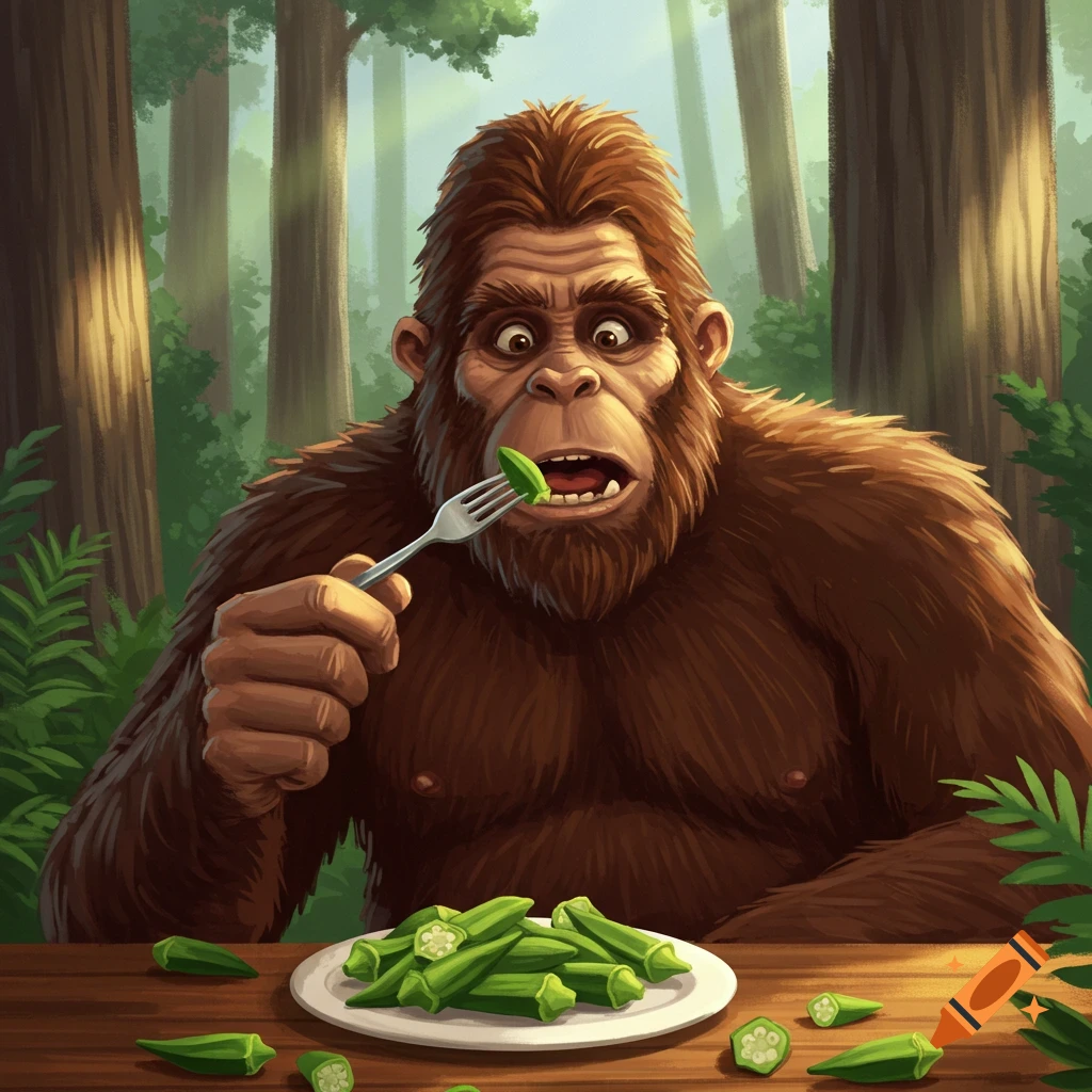 Sasquatch eating okra with a fork in a forest. on Craiyon